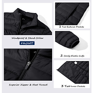 MAGCOMSEN Womens Black Jackets Ultra-light Puffer Quilted Winter 4 Pockets Long Sleeve Full-zip Padded Coat, Black XXL