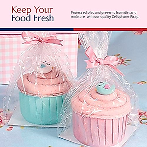 31.5 inch x 100 ft Clear Cellophane Wrap Roll for Gift Baskets with 10 Large Pull Bows and 2 Ribbons -Florist Cellophane Wrap Roll used for Christmas Crafts, Gifts, Flower Bouquet, Wicker Basket, Halloween Sweets