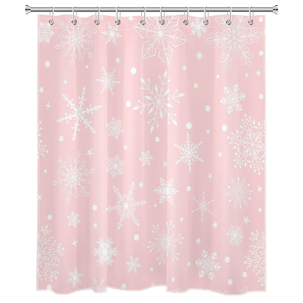 LB Pink Christmas Shower Curtain for Bathroom, Winter Snowflake on Pink and White Fabric Shower Curtain with Hooks, New Year Holiday Bathroom Curtain Shower Set, 60" W x 72" L