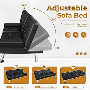 Furniwell Futon Sofa Bed Modern Faux Leather Sofa Couch for Living Room Convertible Folding Adjustable Recliner with 2 Cup Holders and Armrests (Black)