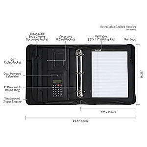 Samsill Professional Padfolio/Portfolio with Zippered Closure Case, 2 Inch Removable Round Ring Binder, Retractable Handles, Interior 10.1” Tablet Sleeve, Black
