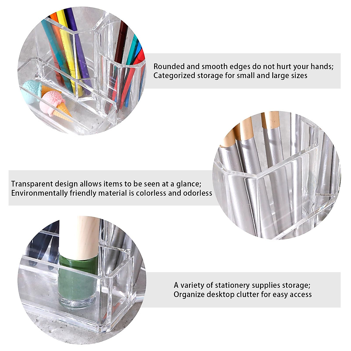 Clear Acrylic Pencil Pen Holder Cup, Desk Organizers and Accessories, Makeup Brush Holder 3 Compartments, Modern Minimalist Desktop Stationery Storage Organizer Cute for Office School Home Supplies