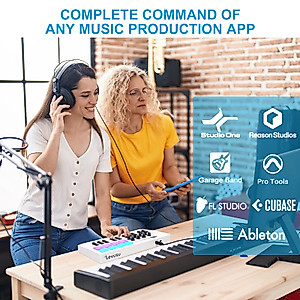 25 Key Bluetooth USB MIDI Keyboard Controller With 8 Backlit Drum Pads, Portable Rechargeable Dynamic Keybed 8 Knobs and Music Production, Smart Chord, Scale Modes, Software Included (White)