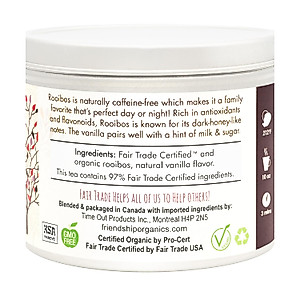 Friendship Organics Vanilla Rooibos Tea Bags, Organic and Fair Trade Herbal 22 Count