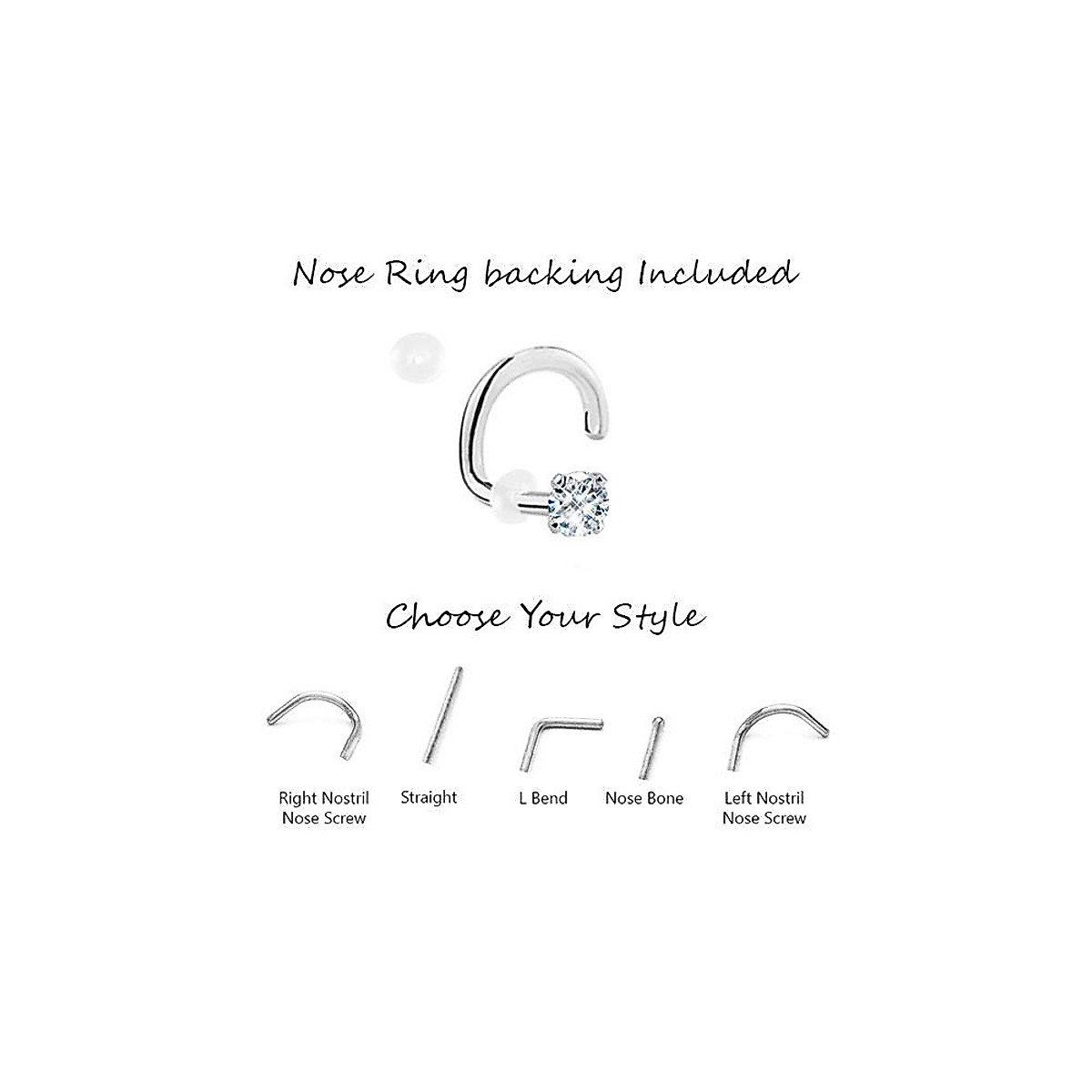 14k White Gold L Bend Nose Stud Ring 2.5mm Clear Round CZ 18G