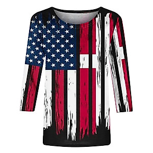 Coupons and Promo Codes for Discount 2023 Patriotic 4th of July Shirts for Women Fashion American Flag Print Round Neck 3/4 Sleeve Casual Loose Blouse Tee