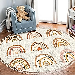 DNEWYNPABV Round Boho Rug Hand Drawn Rainbows Cute Set in Pastel and Earthy Colors Isolated Area Linen Carpet Patio Hallway Runner Mat Pad Minimalist Home Decor for Living Room Outdoor, 3 ft