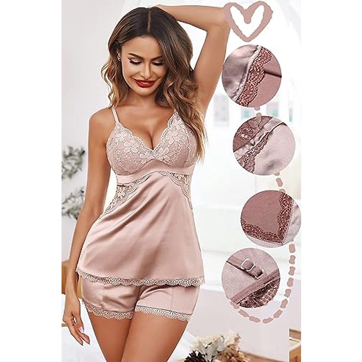 Avidlove Women Sleepwear Satin Pajamas Set Lace Camisole Shorts Nightwear (L, Champagne)