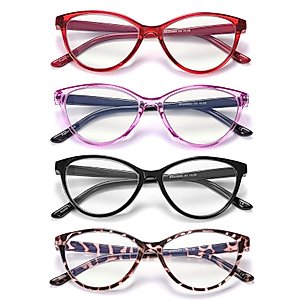 JAWSOCK 4 Pack Reading Glasses Blue Light Blocking for Women,Designer Cat Eye Frame Ladies Computer Readers,Anti Glare/UV Ray Eyeglasses 1.75