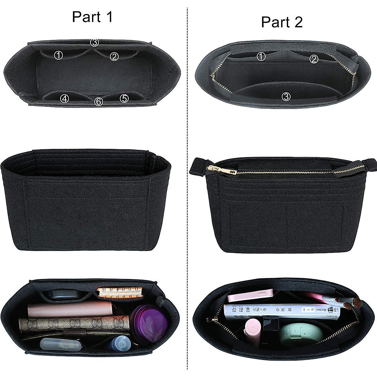HyFanStr Felt Insert Bag Organizer with Zipper, Small Handbag Purse Organizer Tote Liner Pouch for Women, 2 Pcs Set Black