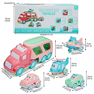 KOODER Cartoon Car Toys Set for 3 4 5 6 Years Old Toddlers Kids, Pink Truck ​with Sound and Light, Pink Car Toy Set in Friction Powered Carrier Truck, Christmas Birthday Gifts for Boys and Girls