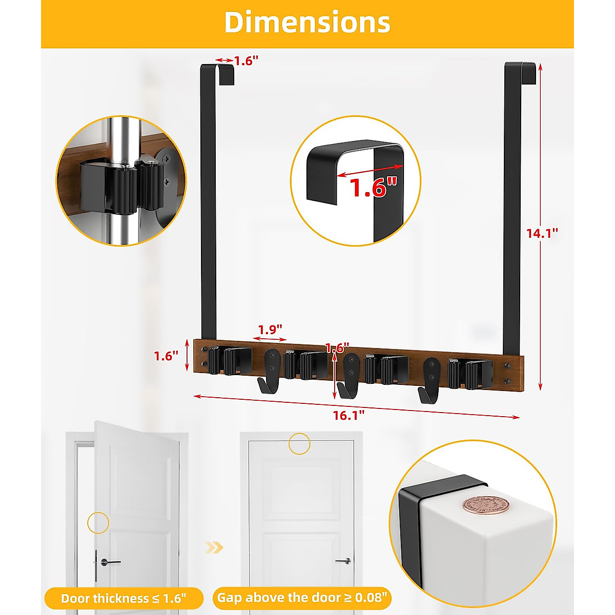 Broom Holder Over The Door - Wood Mop and Broom Holder Wall Mounted or Hanging Over The Door with Hooks - Broom Hanger, Broom Storage Tool Organizer with 4 Racks and 3 Hooks for Garage Closet Laundry