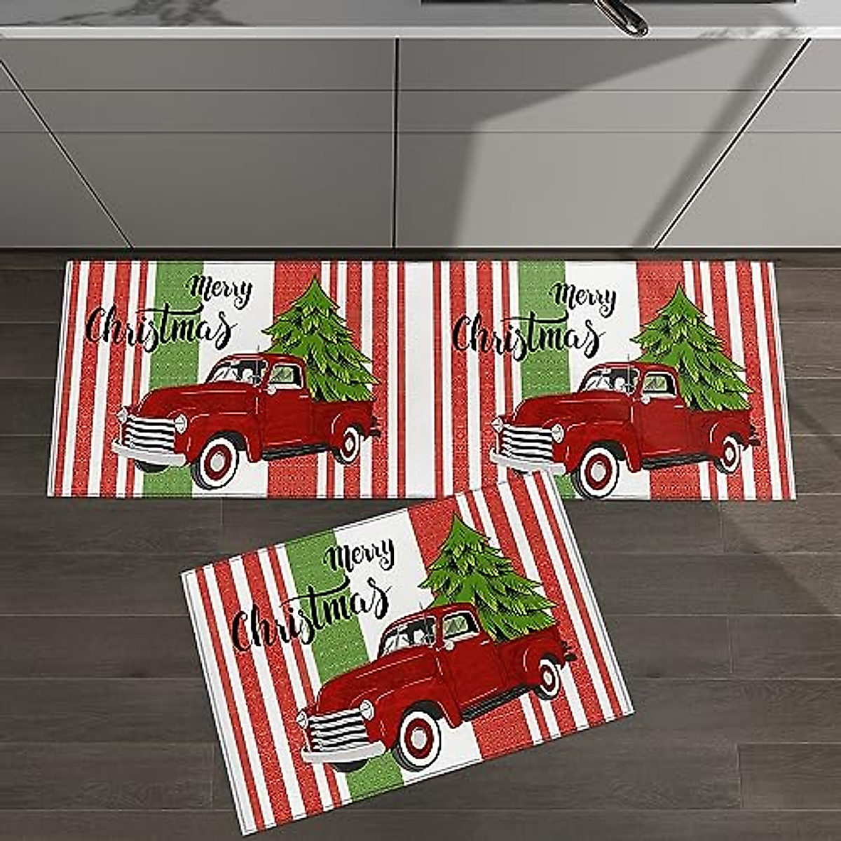 2 Pieces Kitchen Rugs and Mats Set, Christmas Truck Xmas Tree Red Green Stripe Kitchen Mats Cushioned Floormat Non Slip Runner Rug Set for Kitchen Laundry Entryway Decor, 15.7"x23.6"+15.7"x47.2"