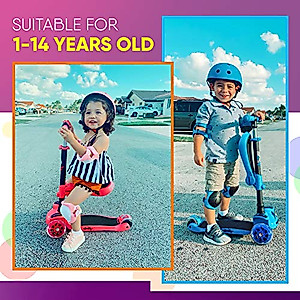 Hurtle Kids Scooter - Child Toddler Kick Scooter Toy with Foldable Seat - 3 Wheel Scooter with Adjustable Height, Anti-Slip Deck, Flashing Wheel Lights, for Boys/Girls 1-12 Year Old, Red