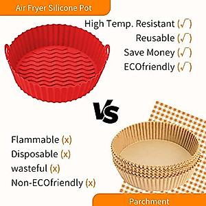 2 Pcs Air Fryer Silicone Liners Pot for 4 to 7 QT - 8 Inch Reusable Air Fryer Liners with 1 Pack of Black Silicone Mitt - Replacement of Flammable Parchment Liner Paper (Black & Red)