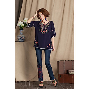 Ashir Aley Bell Sleeve Womens Girls Embroidered Cotton Peasant Tops Mexican Bohemian Shirts Blouses (L,Navy Blue)