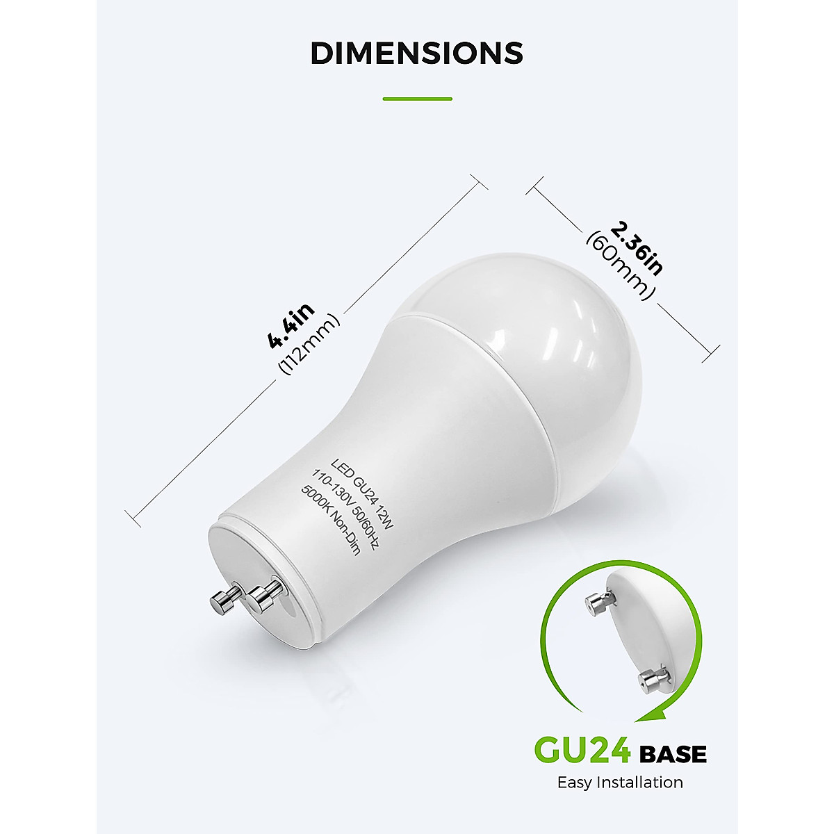 LOHAS GU24 Base LED Light Bulb, 1200Lumen, 12Watt (75W-100W Equivalent) 5000K Daylight White A19 Shape for Ceiling Fan, Twist Lock GU24 LED Light Bulbs for Home Lighting, Non-Dimmable, 4-Pack