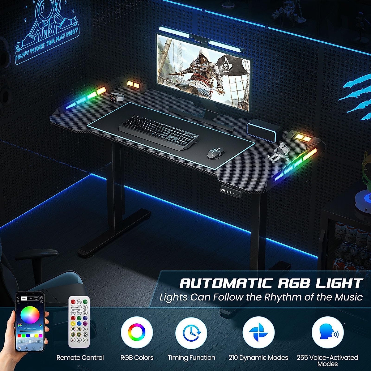Gaming Desk with LED Lights & APP Control, 48" x 24" Gaming Table with Music Sensing, Underdesk Cable Storage Electric Standing Desk, Black Carbon Fiber PC Desk for Gaming and Home Office