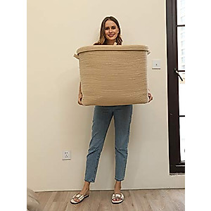 22"x14"x18" Rectangular Extra Large Storage Basket with Lid, Cotton Rope Storage Baskets, Laundry Hamper, Toy Bin, for Toys Blankets Storage in Living Room, Baby Nursery, All Beige