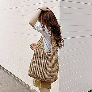 Straw Bag for Women Summer Handmade Beach Bag Soft Woven Tote Bag Large Weaving Shoulder Bag Purse Straw Handbag for Vacation (AK-4)