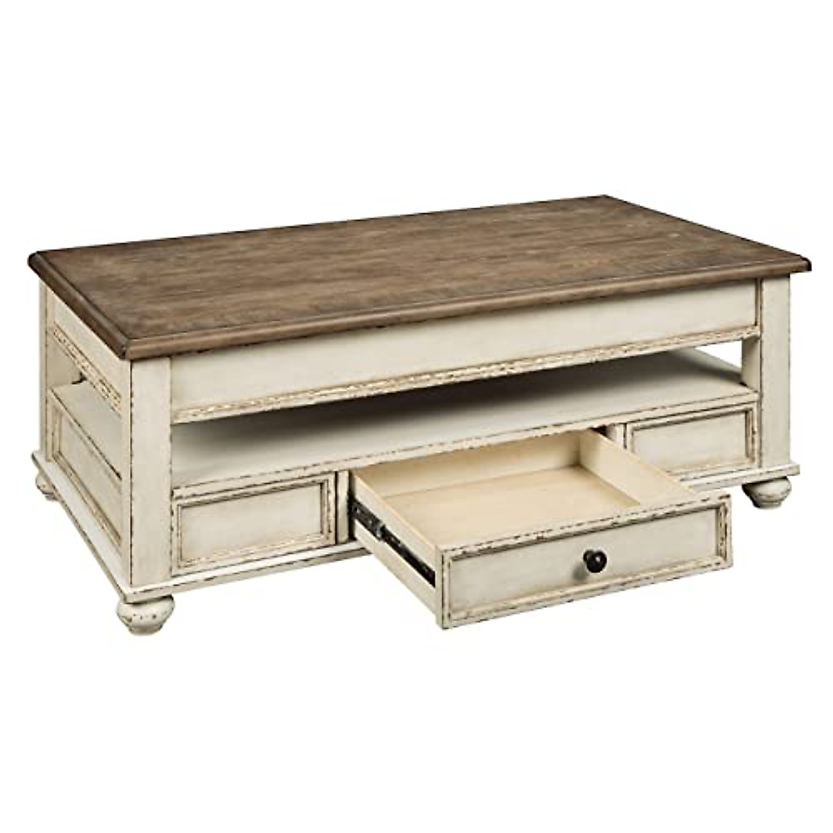 Signature Design by Ashley Realyn Vintage Farmhouse Rectangular Lift Top Coffee Table with Storage Drawer, White & Brown