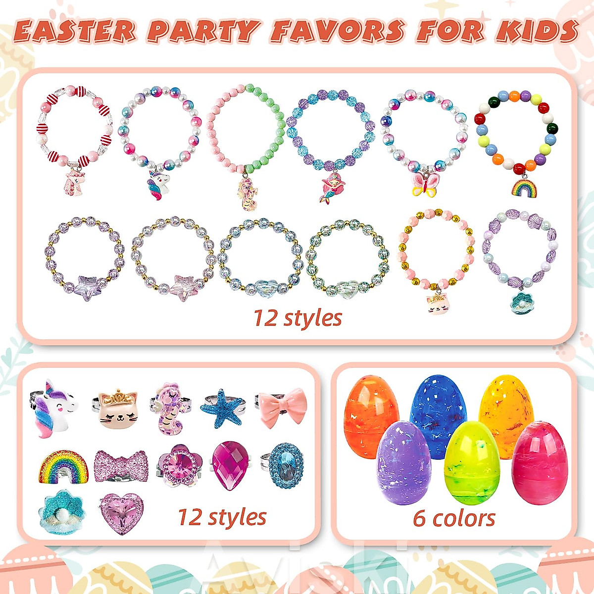 Aviski 12Pcs Easter Surprise Eggs with Cute Bracelet & Ring Inside for Easter Theme Party Favors, Supplies for Easter Egg Hunt, Basket Stuffers/Fillers, Classroom Prize Supplies Toddler Boys Girls