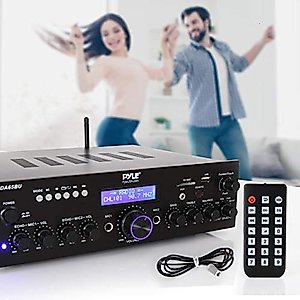 Pyle Wireless Bluetooth Power Amplifier System - 200W Dual Channel Sound Audio Stereo Receiver w/ USB, AUX, MIC IN w/ Echo, Radio - For Home Theater Entertainment via RCA, Studio Use - PDA65BU,Black