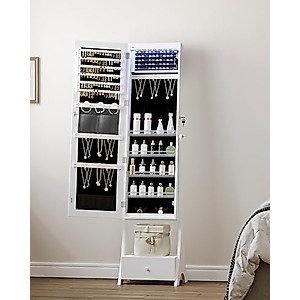 Hzuaneri 8 LEDs Jewelry Cabinet, 42.5" Tall Frameless Mirror Jewelry Armoire, Freestanding Makeup Jewelry Storage with 1 Drawer, 5 Shelves, Jewelry Organizer, White and Black JC14803B