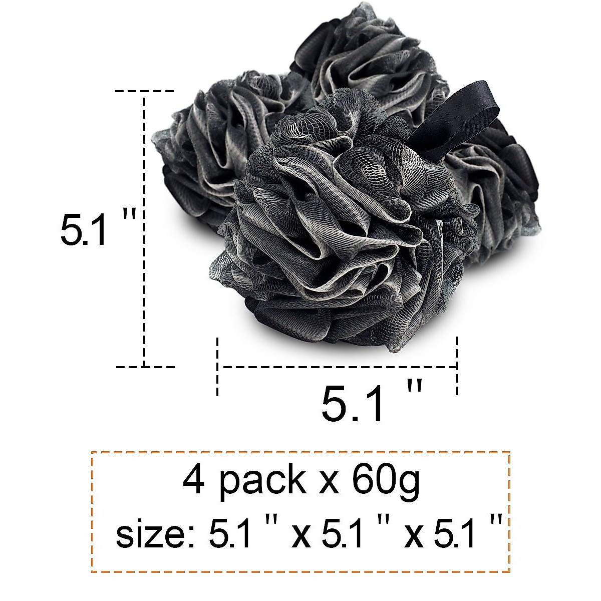 4 Packs Bath Loofahs-Eco-Friendly Carbonized Bamboo Bath Shower Sponge Mesh Pouf Loofahs Shower Ball Loofahs Bath Sponge-Exfoliate,Cleanse,Soothe Skin(60g/pcs)