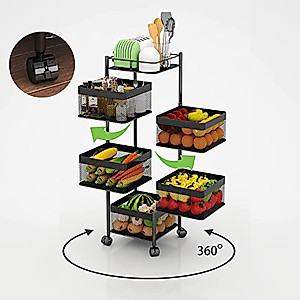 xinyourui Rotating Kitchen Storage Shelves Rack，Bathroom Organizer Metal Shelf，Fruit Basket for Kitchen，Rolling Cart with Wheels，Spice Drawer Organizer(Black, 5 Tier-Square)
