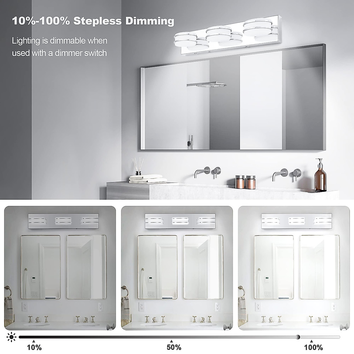 3 Color Temperature Dimmable Bathroom Light Fixtures over Mirror LED Chrome 3 Light Bathroom Vanity Light Fixtures Acrylic Stainless Steel Oval Shade Vanity Lights for Bathroom, ETL Certificated