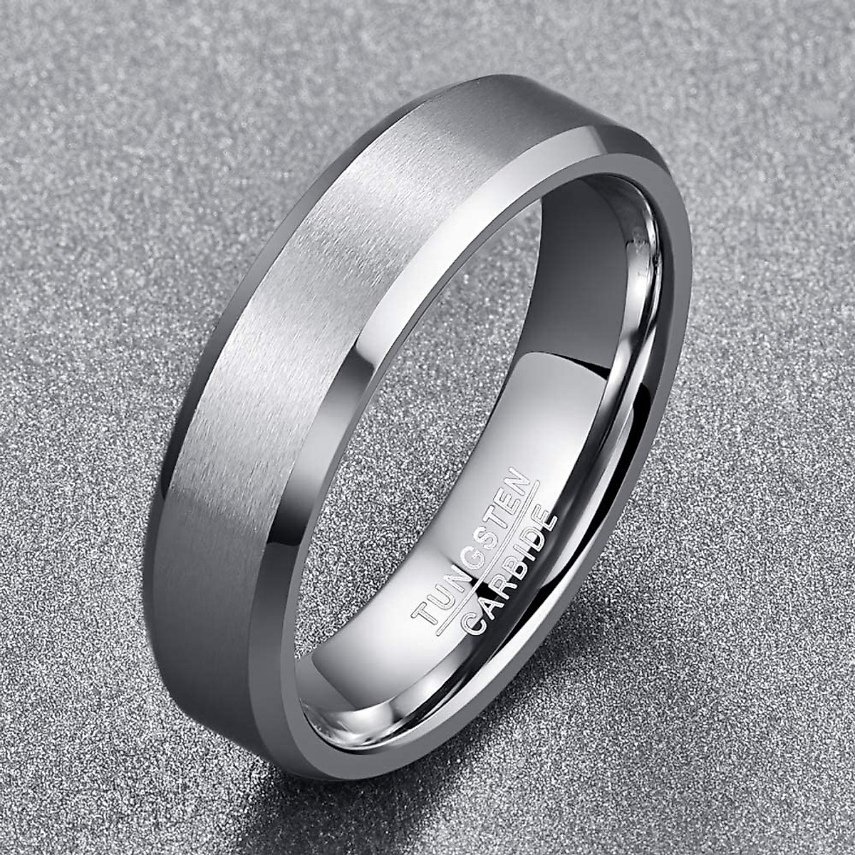 Vakki Womens Rings Silver Tungsten Carbide Engagement Ring Matte Finish 6mm Unisex Rings Polished Beveled Edge Comfort Fit Size 11.5