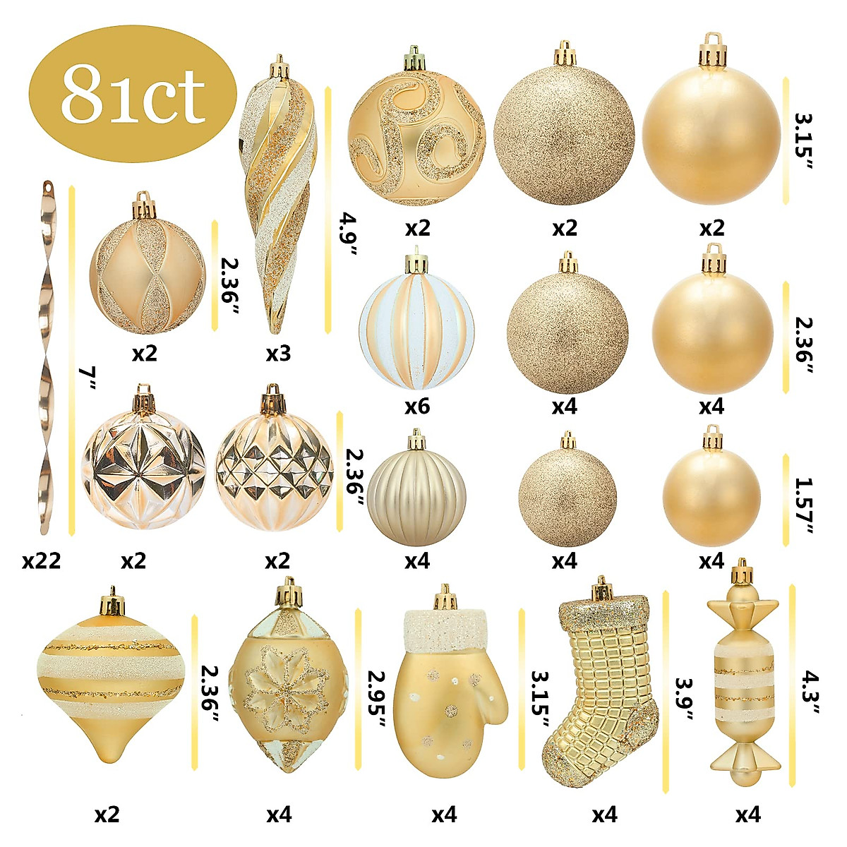AMS 81ct Christmas Ball Ornaments Holiday Tree Decorations in a Reusable Hand-Help Gift Box for Xmas Tree Decor(Gold)
