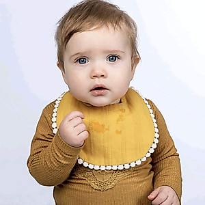 Cherssy Baby Girl Reversible Bibs, Boho Bibs with Crochet Lace and String Ties Pom Pom, Floral Cotton bibs for Newborn Infant Toddler, 2 Pack Mustard/Brown