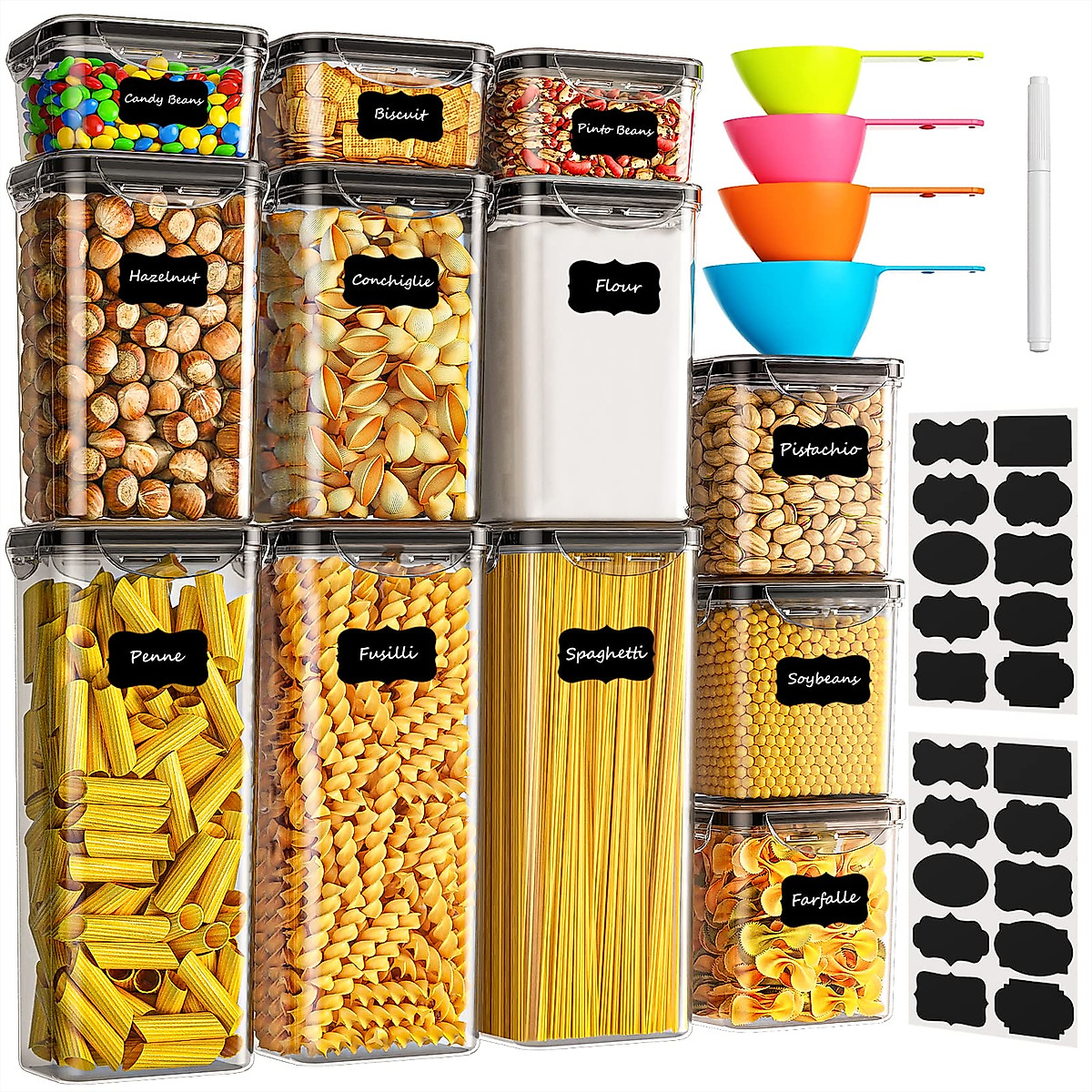 Airtight Food Storage Containers Set with Lids -12 PCS Kitchen Pantry Organization and Storage BPA-Free Plastic Food Containers for Cereal Flour Sugar and Snack, for Organizing with Labels & Marker (JSC-12)