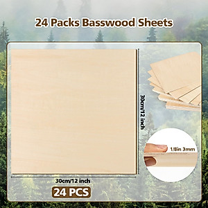 Adrattnay Basswood Sheets 1/8 x 12 x 12 inch - 3mm Basswood Sheets Plywood Sheets Laser Wood, 24Pcs Square Unfinished Wood Board for DIY Crafts, Laser Cutting, Wood Burning, Painting, Model Carving