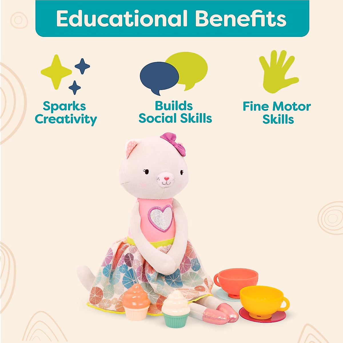 B. toys- Tippy Toes- Cali Cat- Plush Cat Playset- Pretend Play – Tea Party Set – Plush Cat Doll – Board Book – Cups & Play Food – 2 Years +