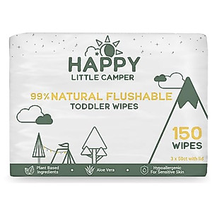 Happy Little Camper Natural Flushable Wipes - Hypoallergenic Wet Wipes with Aloe Vera, Chamomile and Pomegranate Extract - Unscented Baby Wipes Safe for Sensitive Skin - 150 Count