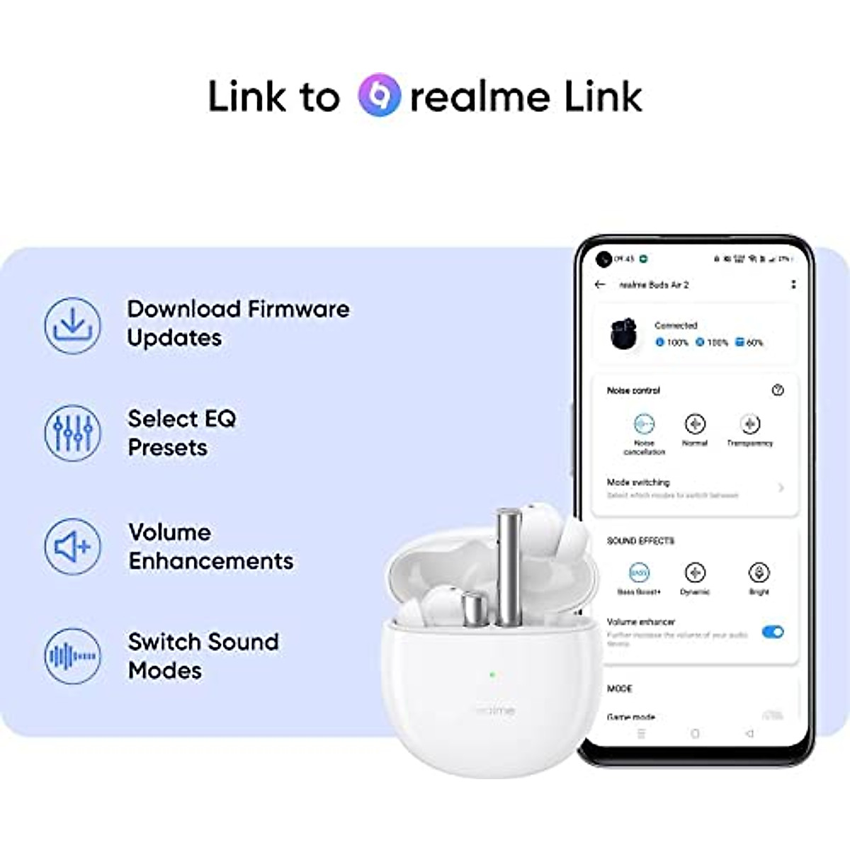 realme Active Noise Cancelling Wireless Earbuds, Buds Air 2 Hybrid ANC in Ear Headphones, Bluetooth 5.2 IPX5 Stereo Earphones, 10mm Hi-Fi Bass Boost Driver, USB C, Smart Touch Control, White