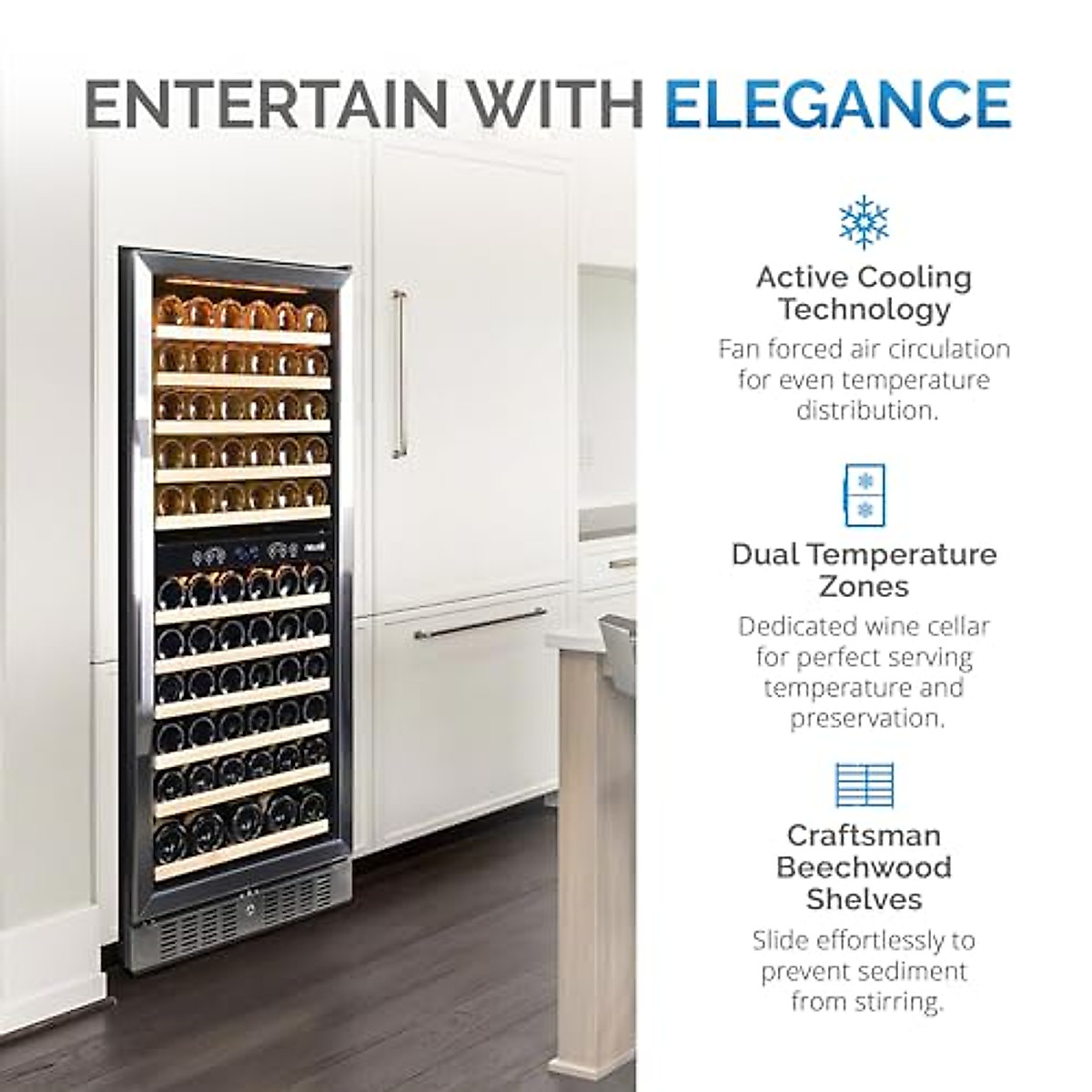 Newair 24" Wine Cooler Refrigerator, Large 116 Bottle Built-in or Freestanding Dual Zone Wine Cellar in Stainless Steel with Precision Thermostat, Full Extension Beechwood Shelves