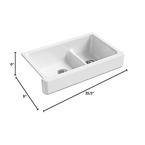 KOHLER K-6426-0 Whitehaven Farmhouse Smart Divide Self-Trimming Undermount Apron Front Double-Bowl Kitchen Sink with Short Apron, 35-1/2-Inch X 21-9/16-Inch X 9-5/8-Inch, White