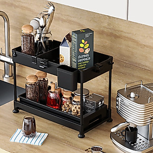 Under Sink Organizers 2-Tier, RIASEVI Sliding Under Bathroom Kitchen Cabinet Storage Drawer Organizer with Hooks, Hanging Cup, Dividers, Multi-purpose Under Sink Shelf Organizer, 2 Pack, Black