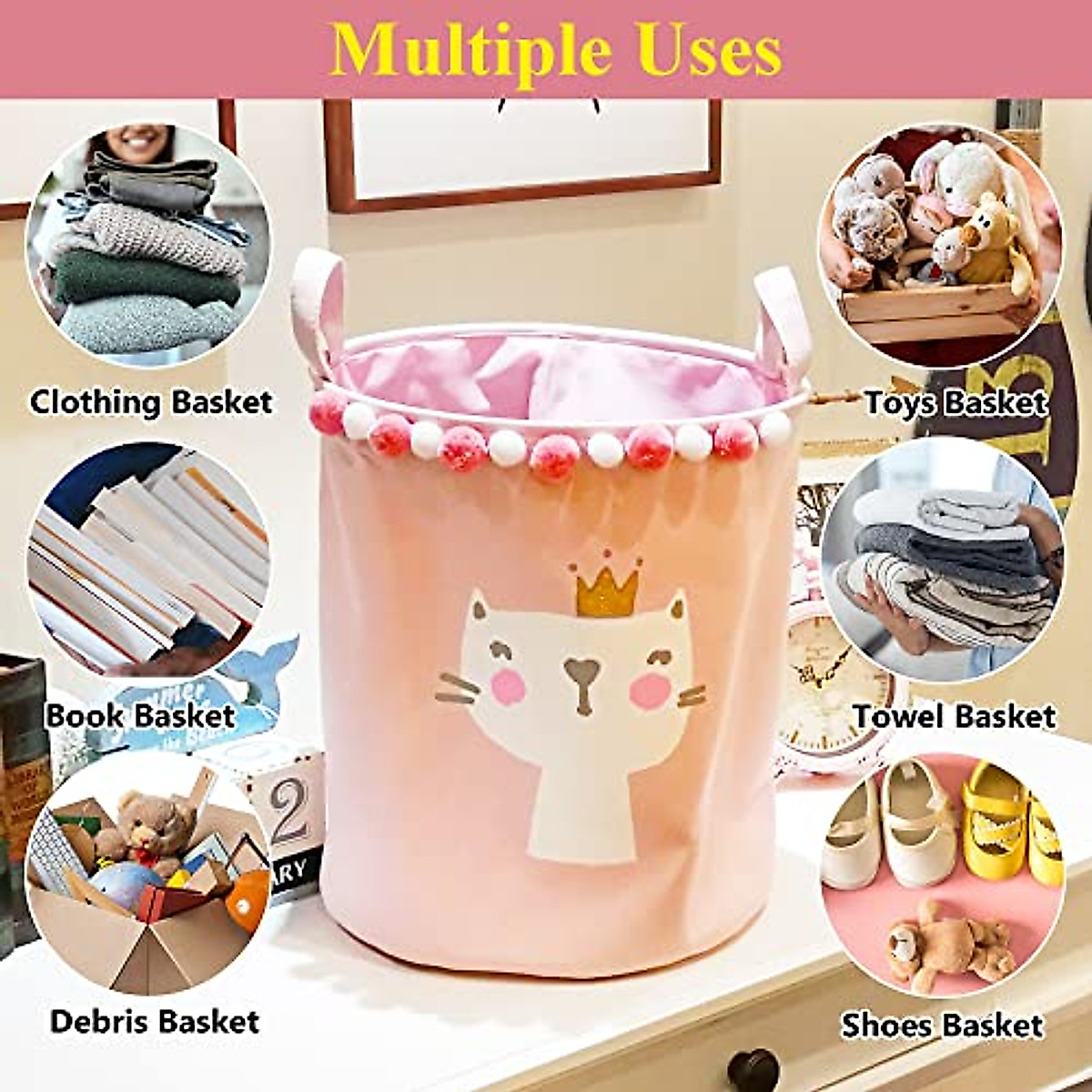 Cute Babys Laundry Basket - Kids Laundry Hamper for Girls, (Cat) Collapsible Thicken Durable Toys Organizer Storage Round Baskets and Nursery Bedroom Decor (Pink）