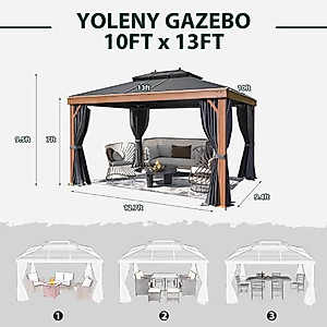 YOLENY 10' x 13' Hardtop Gazebo Metal Gazebo with Faux Wood Grain Aluminum Frame, Galvanized Steel Double Roof, Outdoor Patio Gazebo Pergolas with Netting and Curtains for Backyard, Patio, Lawns