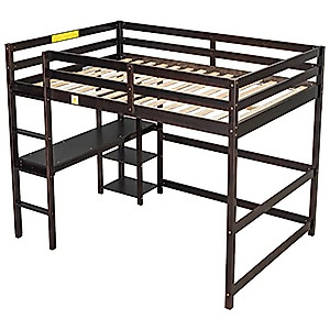 RUNWON Full Loft Bed with Desk and Shelves, Safety Guardrail, Ladder for Kids Teens Bedroom