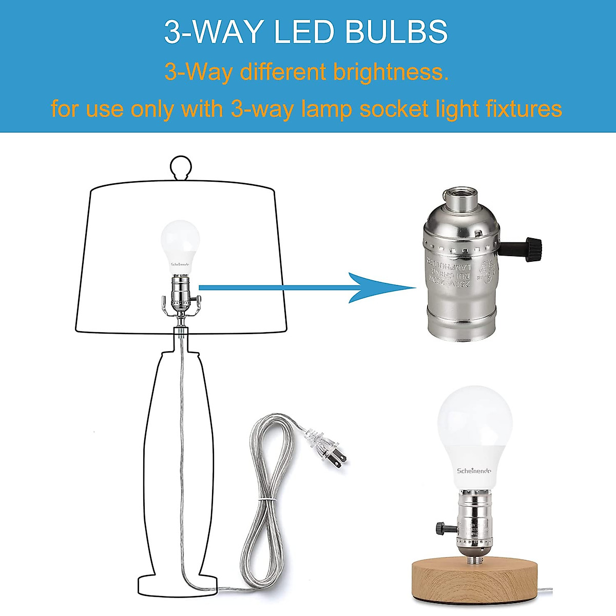 Scheinenda 3 Way Light Bulbs 4 Pack, 𝟑 𝐖𝐚𝐲 𝐋𝐄𝐃 𝐋𝐢𝐠𝐡𝐭 𝐁𝐮𝐥𝐛𝐬 30 70 100W Equivalent, Standard A19 LED Bulbs E26 Medium Base, Warm White 3000K, 500lm-1200lm-1600lm