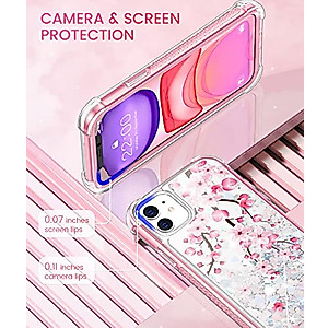 Caka Case for iPhone 11 Glitter Case Flower Bling Liquid Protective Full Body Heavy Duty with Built in Screen Protector Love Glitter Pink Blossom for Women Girl Case for iPhone 11 (6.1 inch)(Cherry)