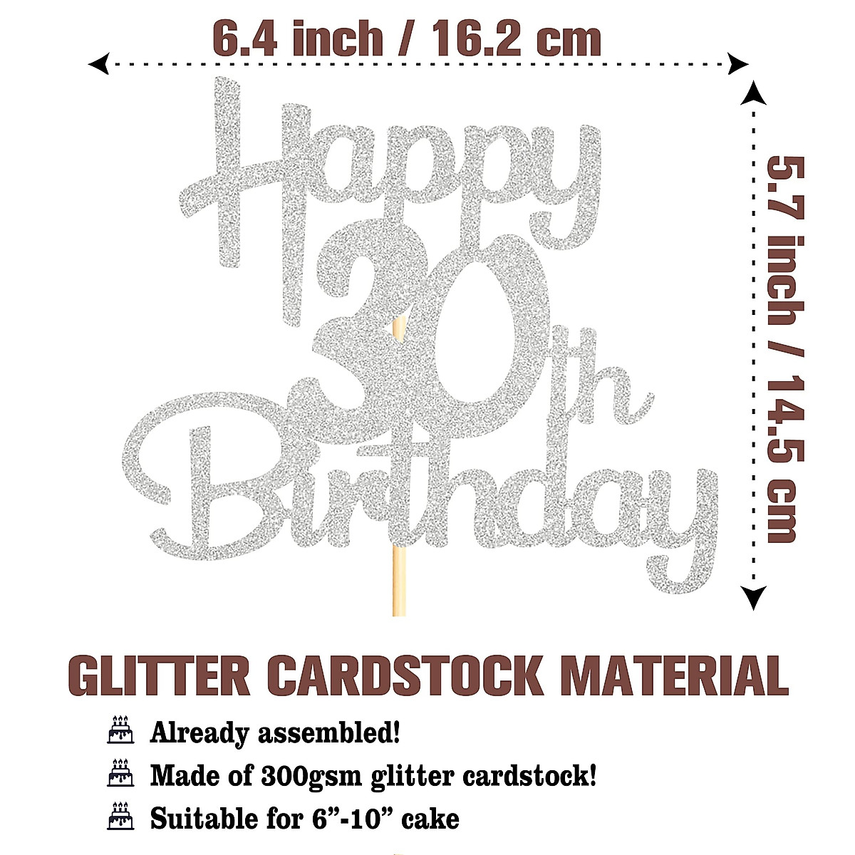 Sotpot Happy 30th Birthday Cake Topper Silver Glitter 30th Cake Toppers 30 Birthday Cake Decorations Cheers to 30 Fabulous Party Cake Picks - 1 Pack