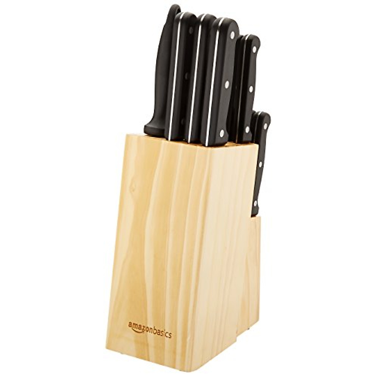 Amazon Basics 14-Piece Kitchen Knife Set with High-Carbon Stainless-Steel Blades and Pine Wood Block, Black