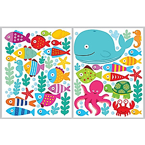 Ocean Fish Wall Decals – Sea Whale Turtle Tropical Creatures Bathroom Stickers - Cartoon Decorative Bathroom Wall Decal for Kids [>50 Art Decals]
